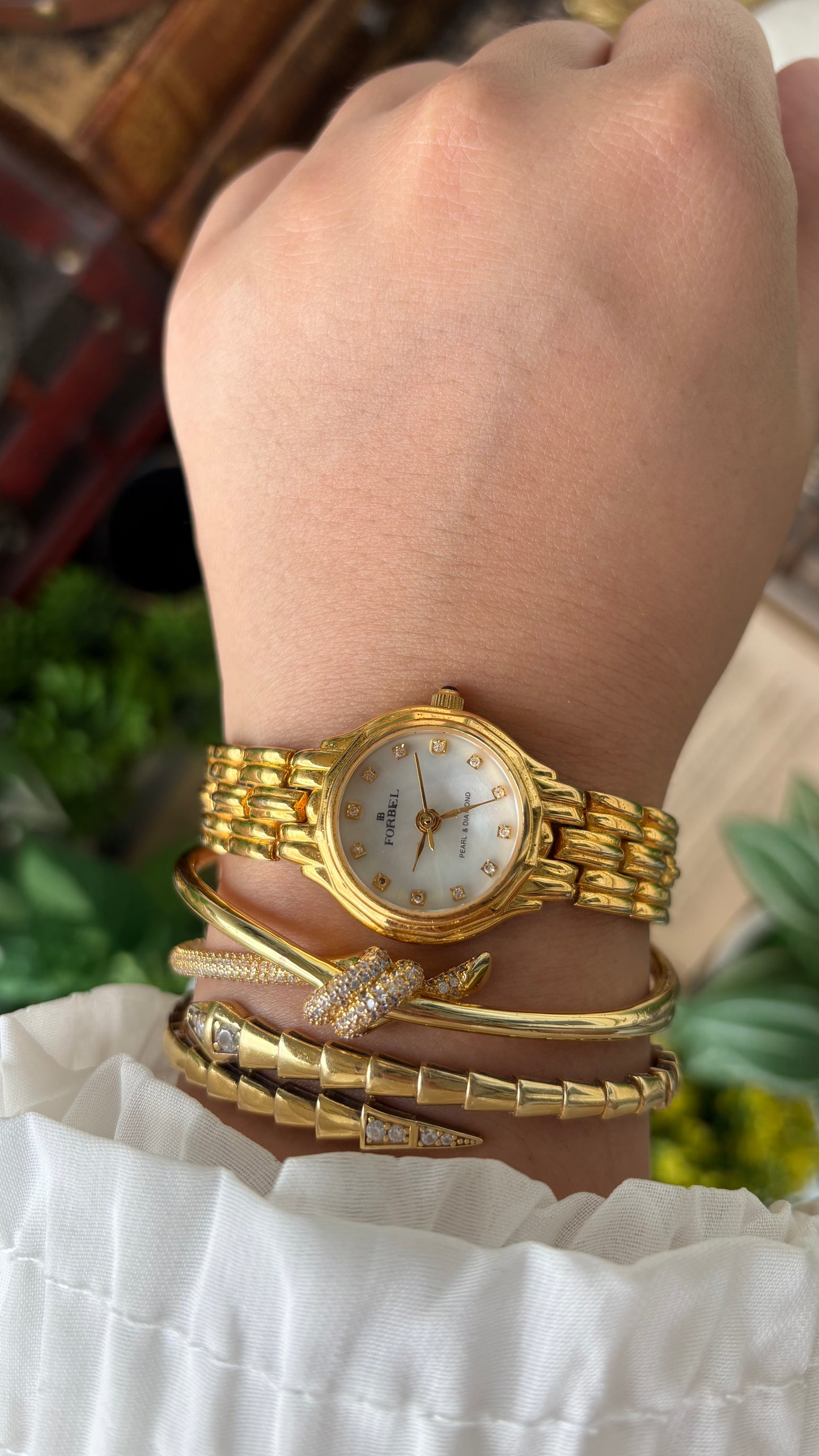 Vintage Forbel Rhinestone Indices Watch in Gold Tone Mother of Pearl D ...
